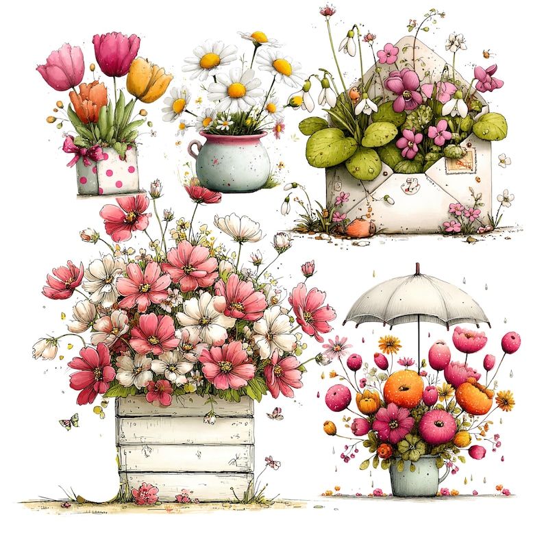 Pink Flowers Spring Clipart: Whimsical Floral Graphics (digital ...