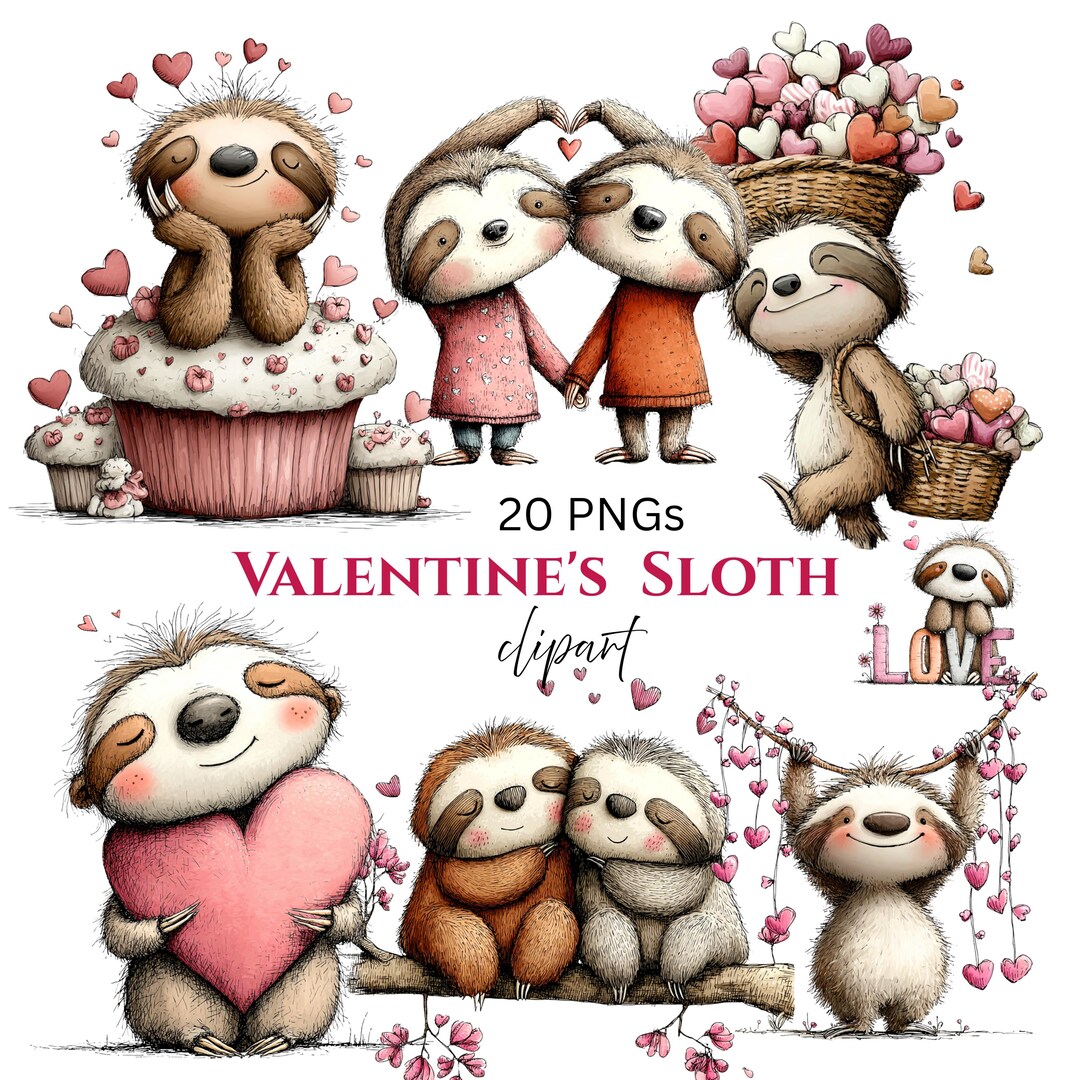 Valentine's Day Sloth Love Clipart: Whimsical Graphics (digital ...