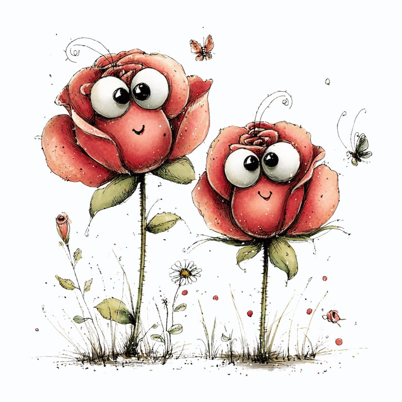 Quirky Flowers Funny Clipart: Cartoon Floral Graphics (digital Download ...