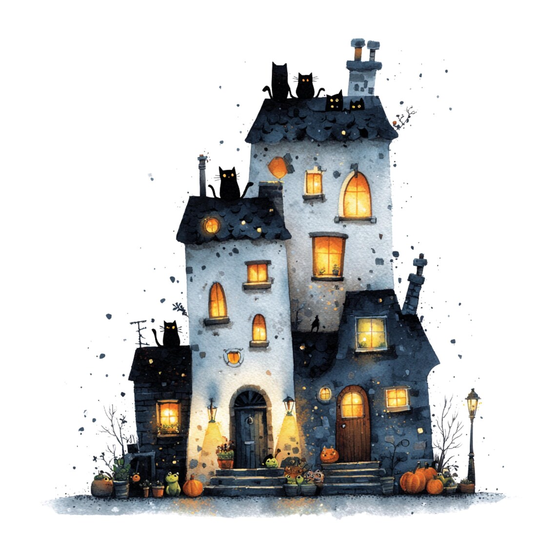 Watercolor Halloween Haunted Houses Clipart: Spooky PNG Illustrations ...