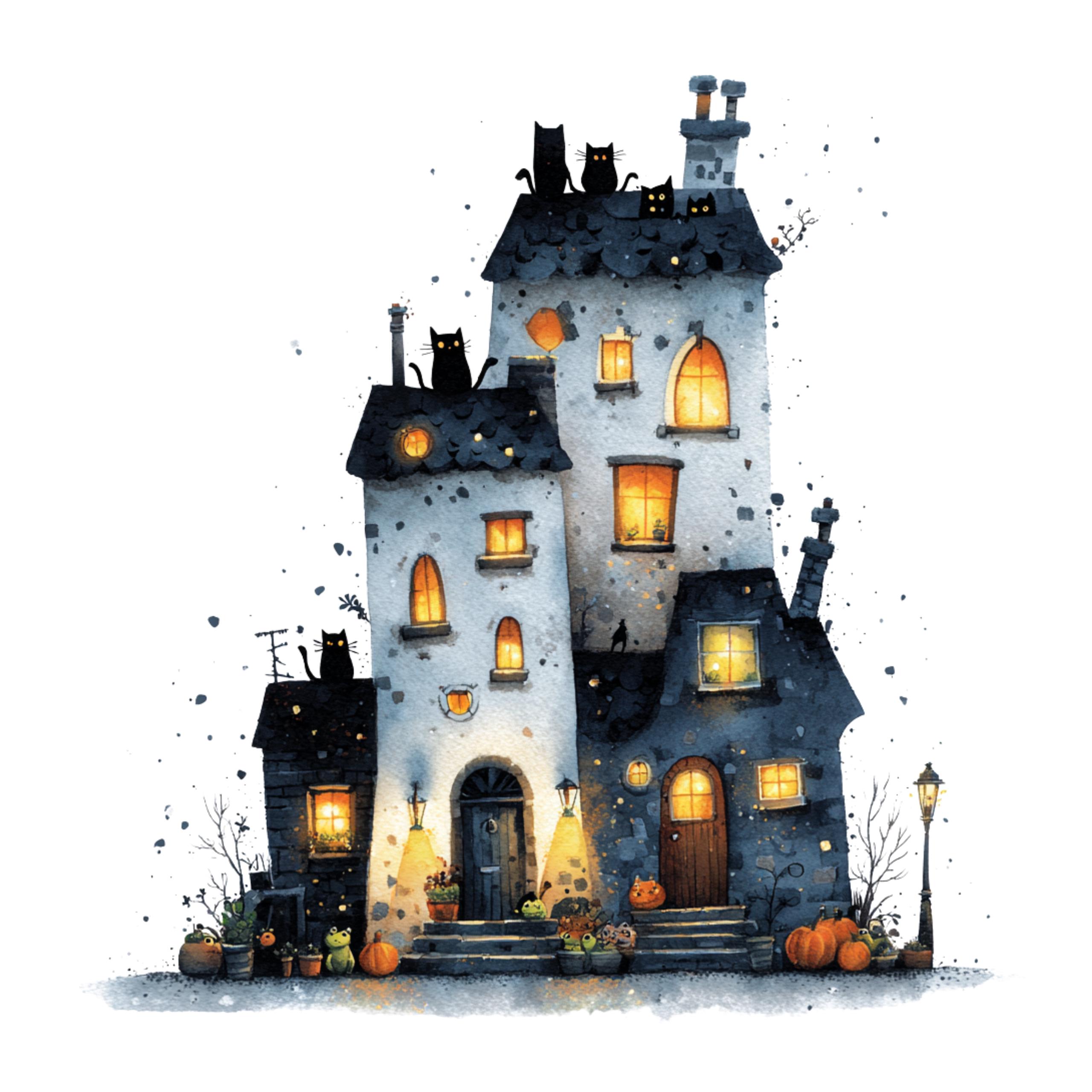 Watercolor Halloween Haunted Houses Clipart: Spooky PNG Illustrations ...