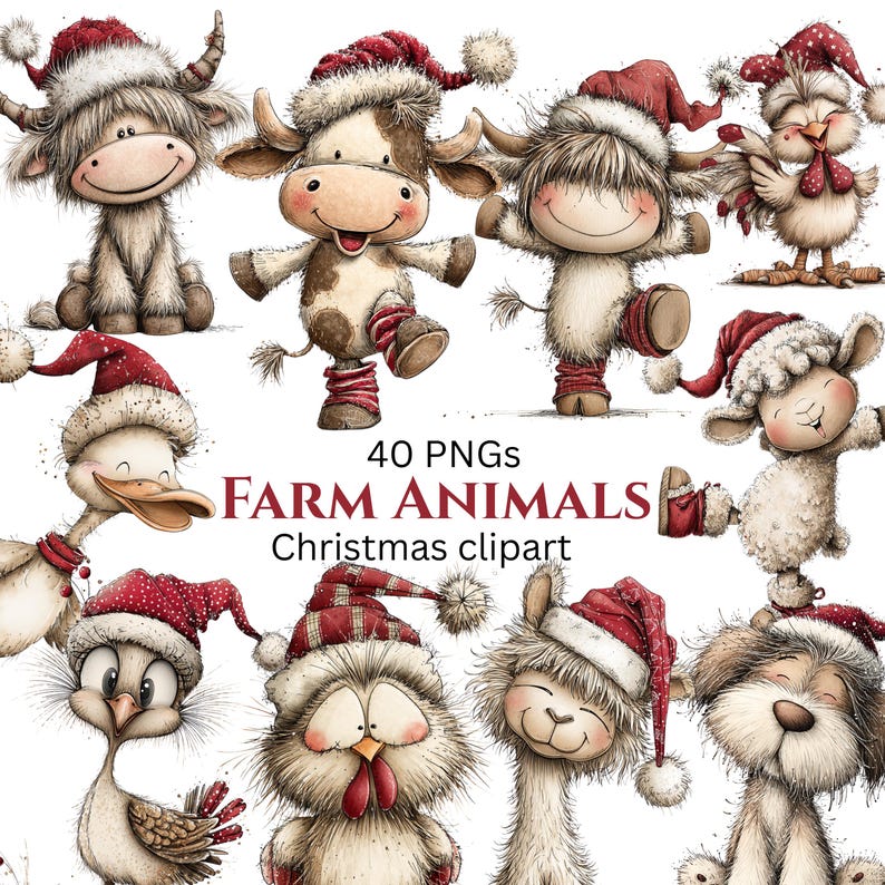 Farm Animals Christmas Clipart: Whimsical Festive Graphics (digital ...