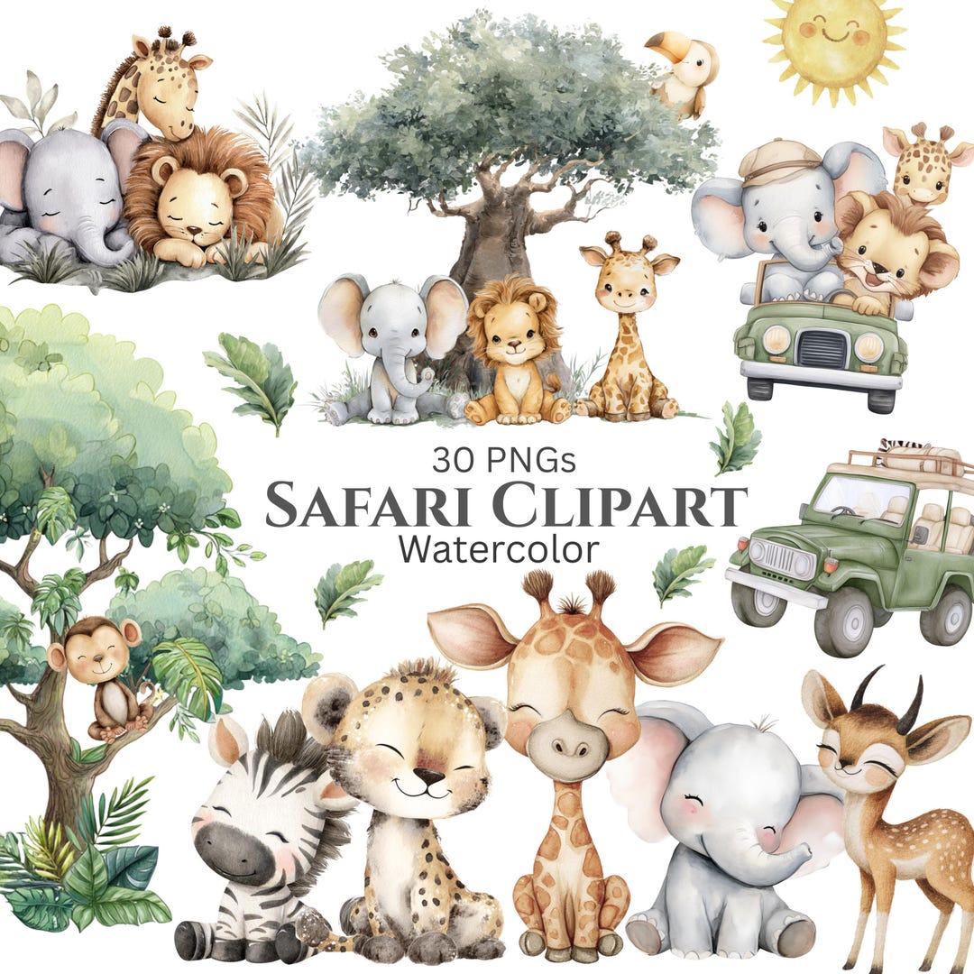 Safari Animals Watercolor Clipart: Jungle Zoo PNG (digital Download ...
