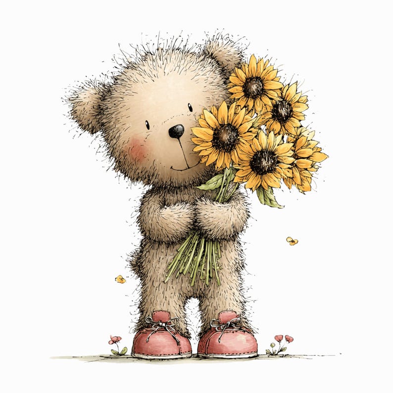 Whimsical Teddy Bear Clipart: Floral Nursery Sunflower Graphics ...