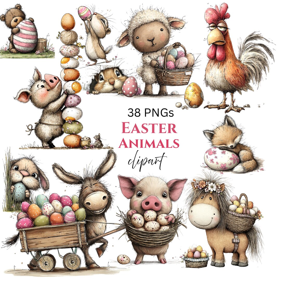 Easter Animals Clipart: Whimsical Graphics (digital Download - 38 Pngs ...