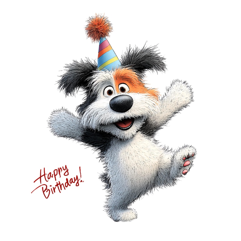 Dog Birthday With Party Hat Clipart: Cartoon Graphics (digital Download ...