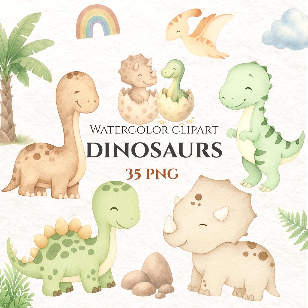 Watercolor Dinosaur Clipart, Cute Baby Dinosaurs PNG, Baby Shower ...
