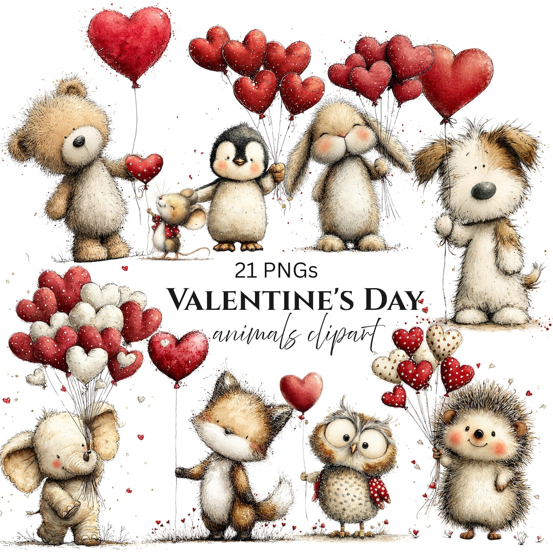 Animals Valentine Day Clipart: Whimsical Graphics (digital Download ...