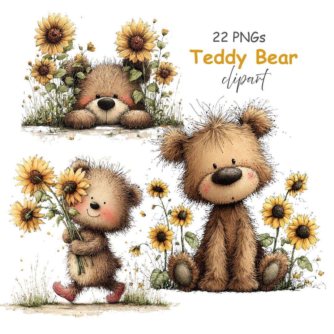 Whimsical Teddy Bear Clipart: Floral Nursery Sunflower Graphics ...