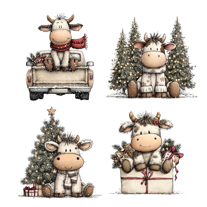 Rustic Christmas Cute Cows Clipart: Festive Holiday Graphics (digital ...