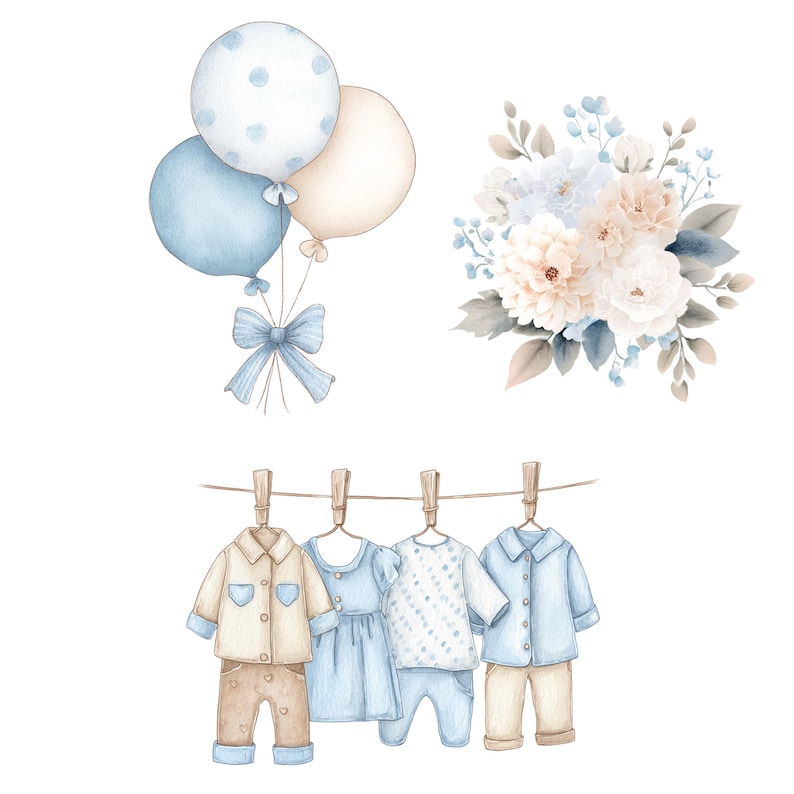 Baby Shower Boy Blue Clipart Set: Watercolor Nursery Graphics PNG ...