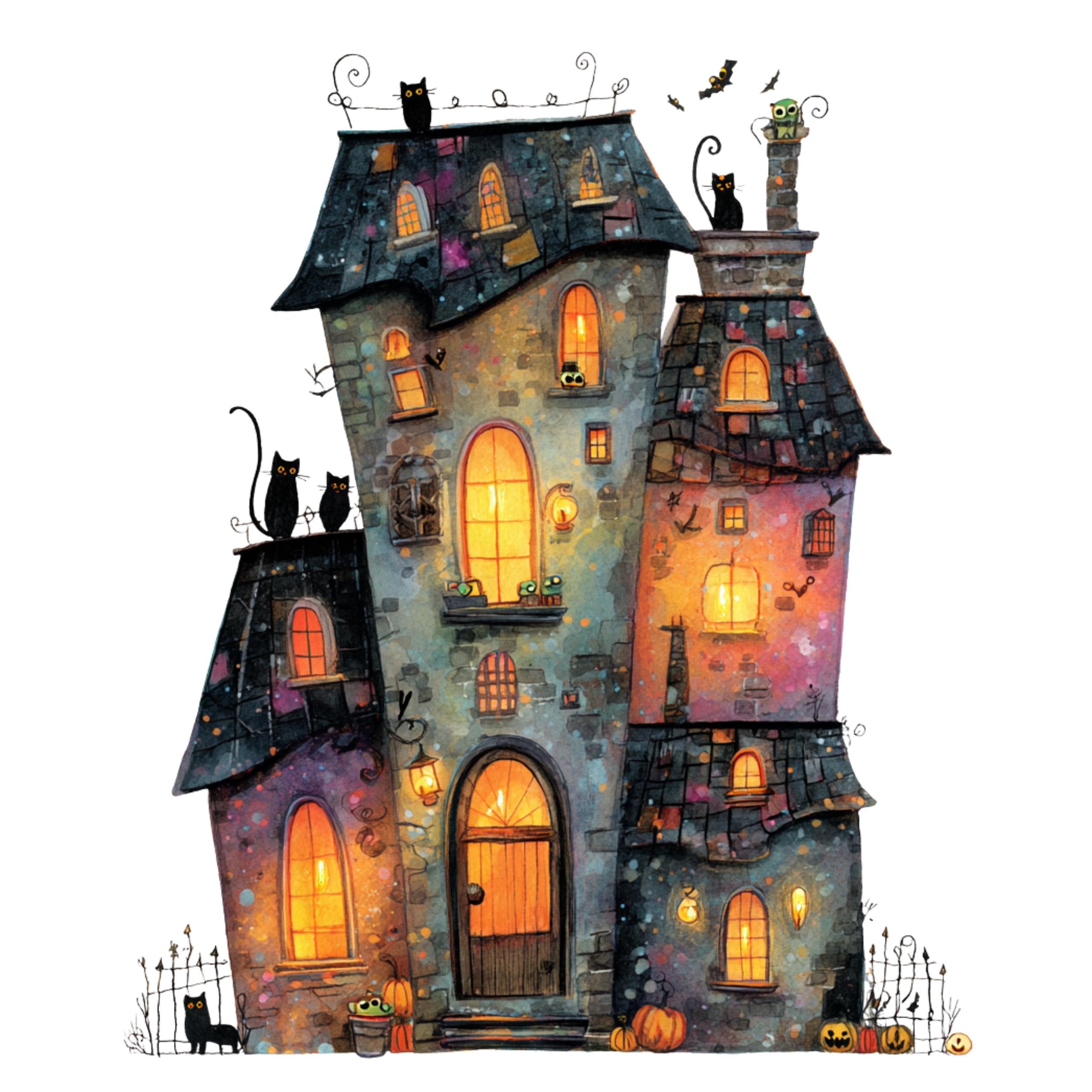Watercolor Halloween Haunted Houses Clipart: Spooky PNG Illustrations ...