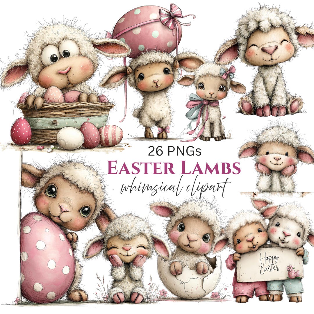 Easter Lamb Clipart: Whimsical Pink Graphics (digital Download - 26 ...