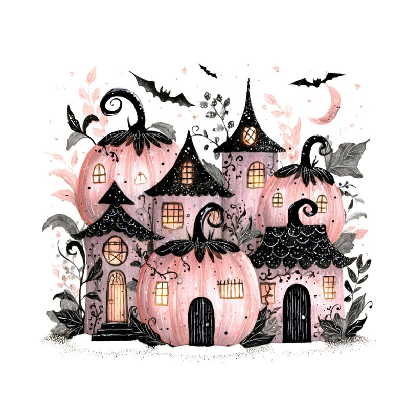 Watercolor Halloween Haunted Houses Clipart: Pink Pastel PNG (digital ...
