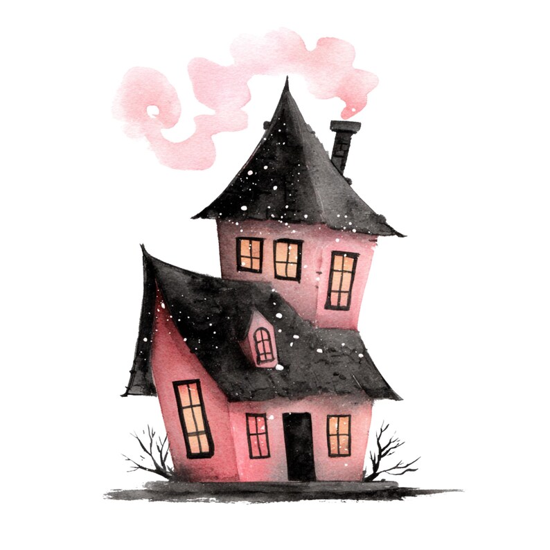 Watercolor Halloween Haunted Houses Clipart: Pink Pastel PNG (digital ...