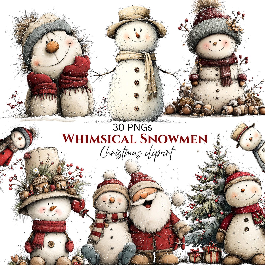 Whimsical Snowman Christmas Clipart: Festive Holiday Graphics (digital ...