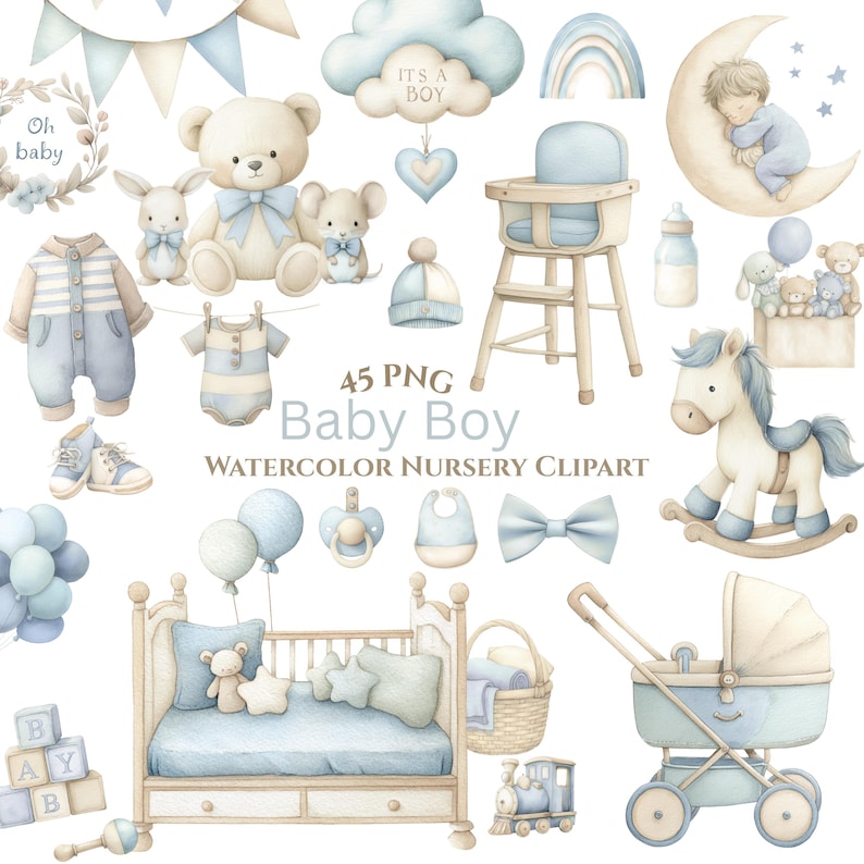 Watercolor Baby Boy Clipart Set: Nursery Decor PNG (digital Download ...