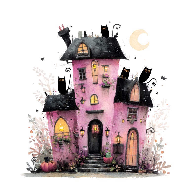 Watercolor Halloween Haunted Houses Clipart: Pink Pastel PNG (digital ...