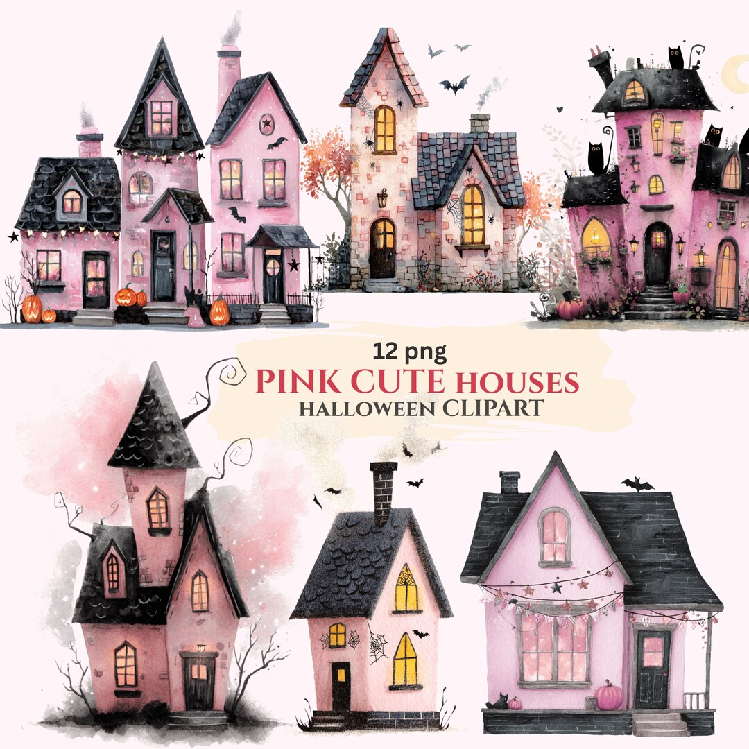 Watercolor Halloween Haunted Houses Clipart: Pink Pastel PNG (digital ...