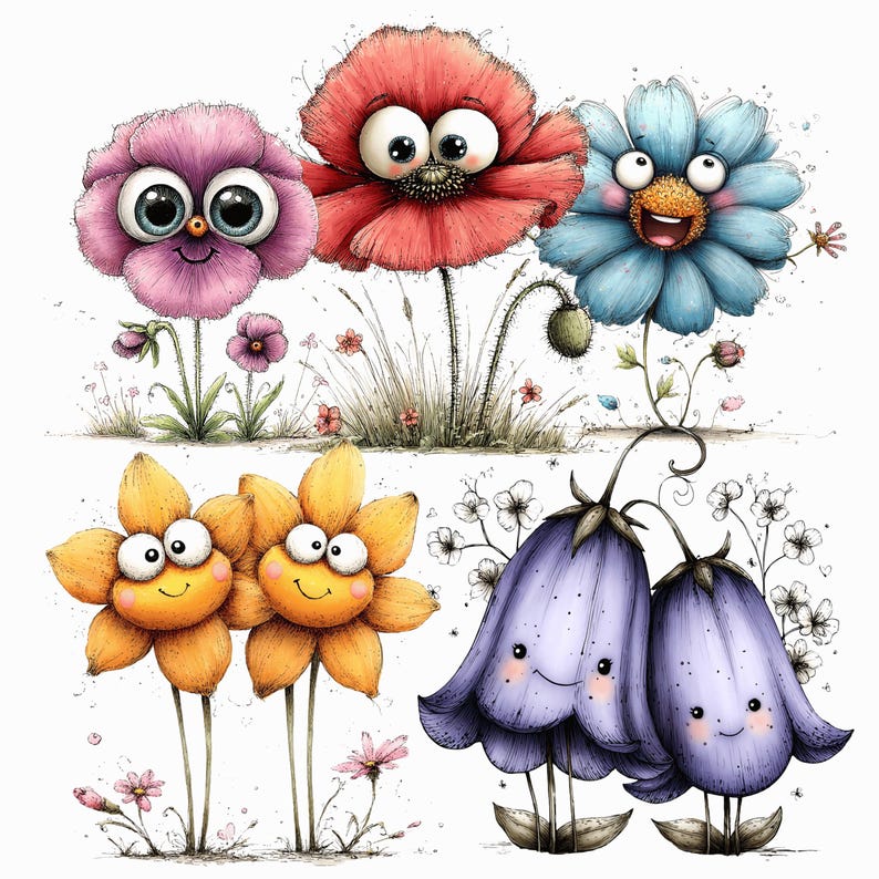 Quirky Flowers Funny Clipart: Cartoon Floral Graphics (digital Download ...