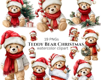 Teddy Bear Christmas Clipart: Cute Watercolor Illustrations for ...