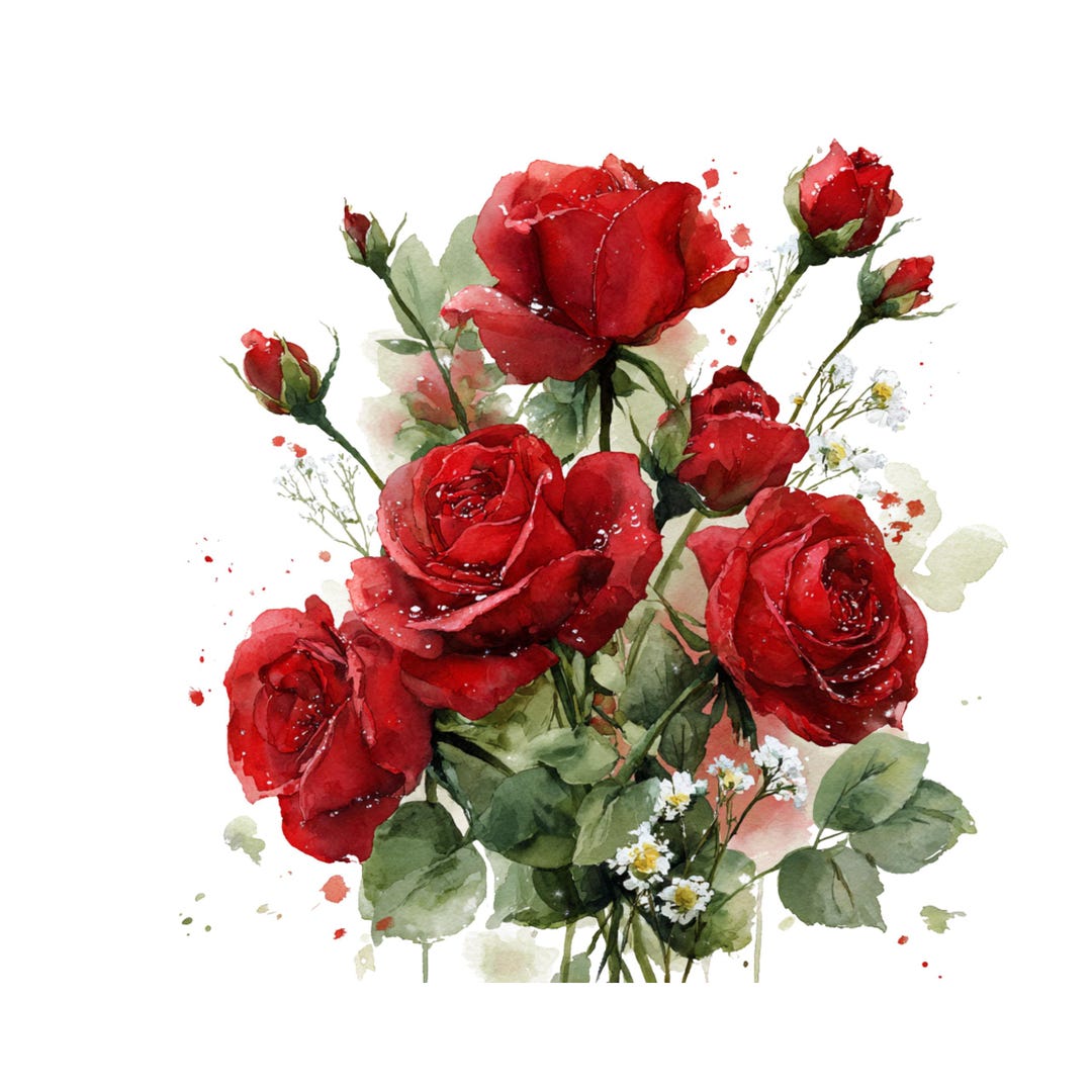 Watercolor Red Roses Bouquet Clipart: Romantic Floral PNG (digital ...