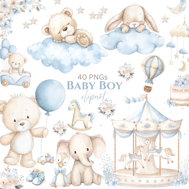 Baby Shower Boy Blue Clipart Set: Watercolor Nursery Graphics PNG ...