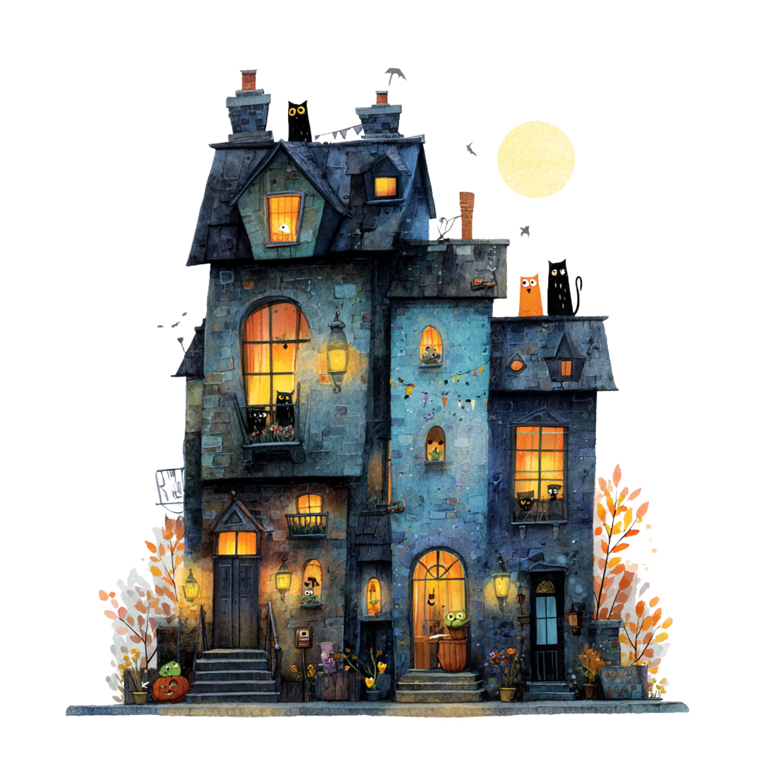 Watercolor Halloween Haunted Houses Clipart: Spooky PNG Illustrations ...