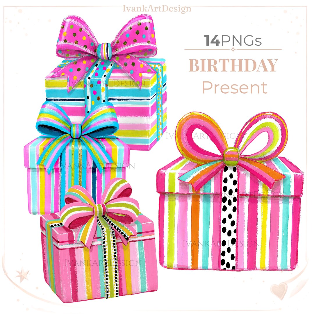 Birthday Gift Boxes Clipart: Colorful Painterly Presents (digital ...