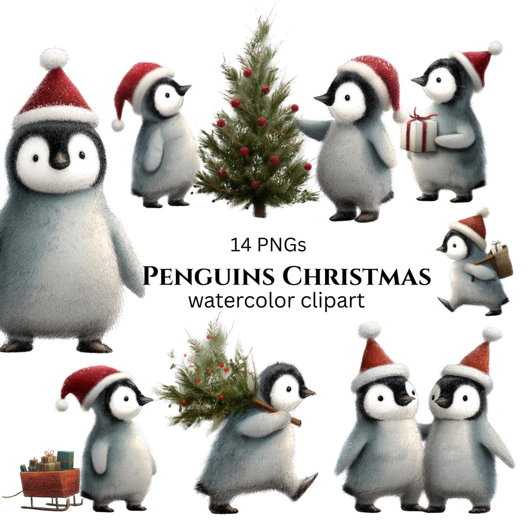 Penguin Christmas Clipart: Watercolor Holiday Illustrations (digital ...