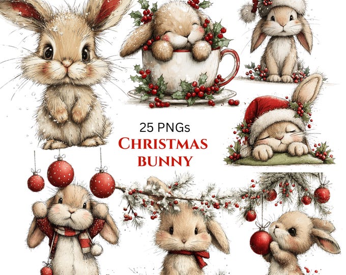 Cute Christmas Bunny Clipart - Watercolor Illustrations for Christmas ...