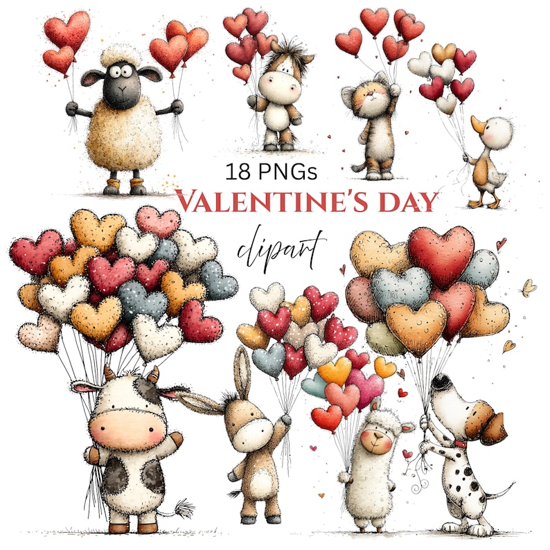 Animals Valentine's Day Clipart: Whimsical Heart Balloons Graphics ...