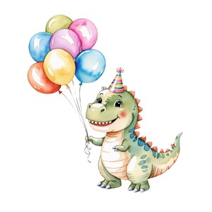 Dinosaur Birthday Clipart PNG: Watercolor Baby Dino With Balloons ...