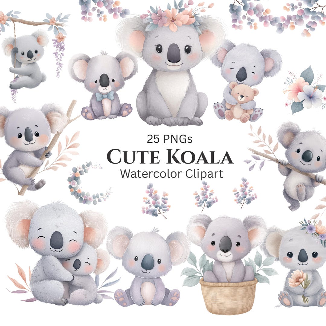 Watercolor Koala Clipart: Cute Nursery Graphics (digital Download - 25 ...