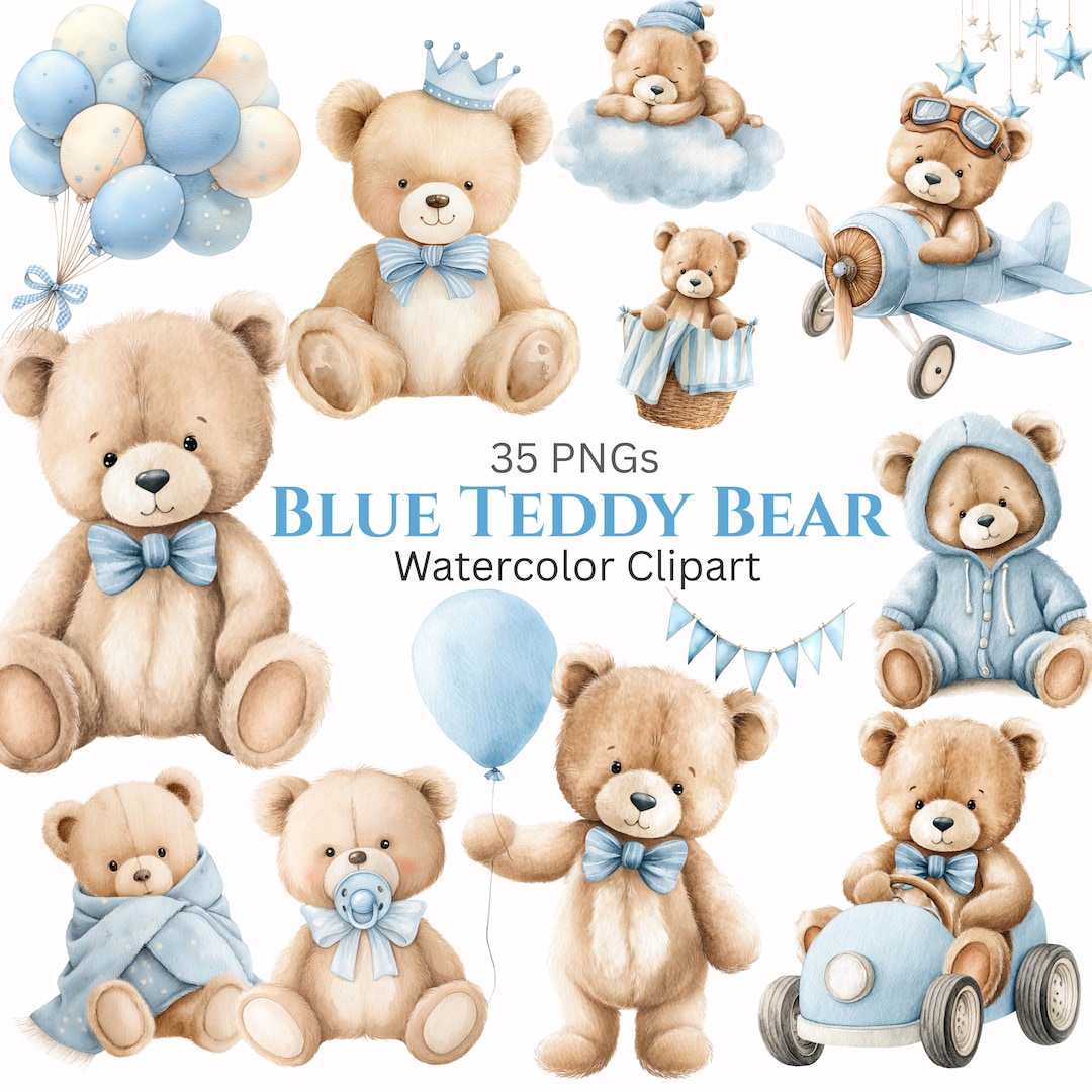 Watercolor Teddy Bear Clipart Blue Baby Teddies Png Set Digital