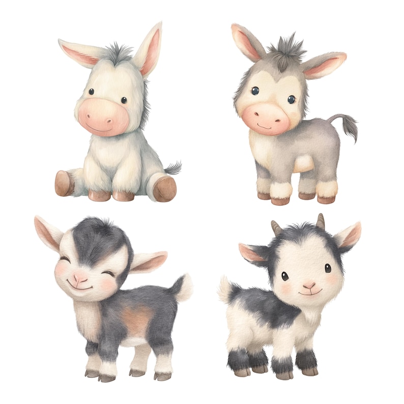Watercolor Farm Animals Clipart: Nursery Art PNG Graphics (digital ...