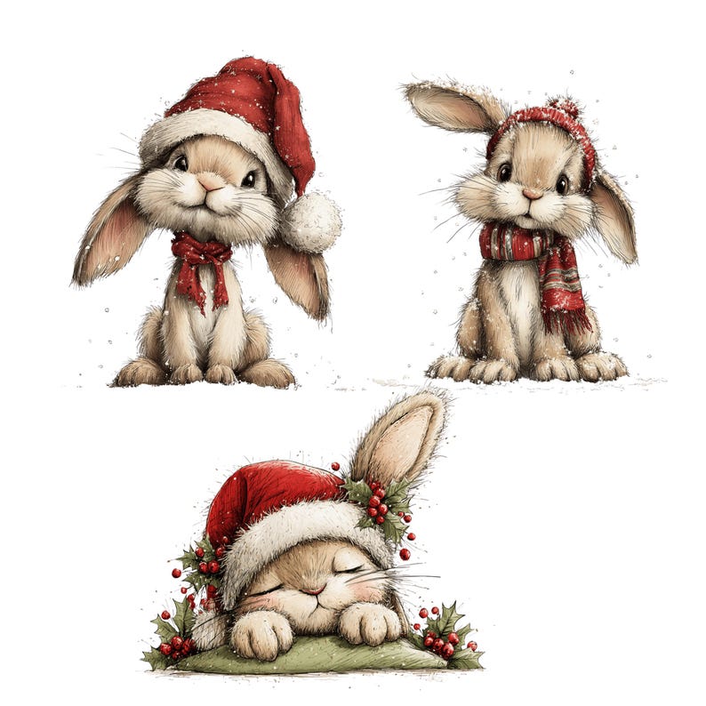 Whimsical Christmas Bunny Clipart: Watercolor Illustrations for ...