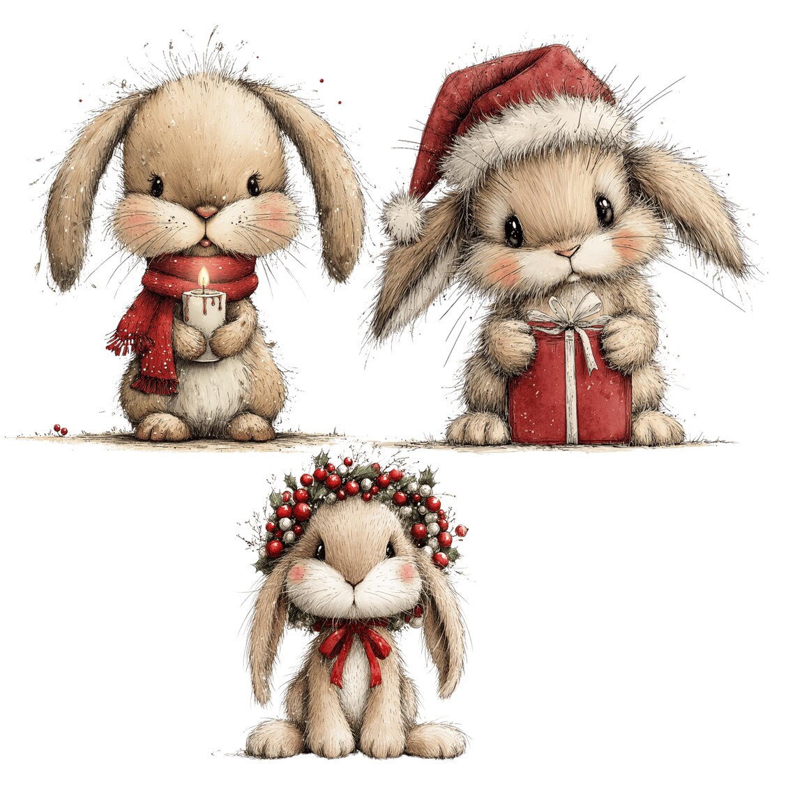 Whimsical Christmas Bunny Clipart: Watercolor Illustrations for ...