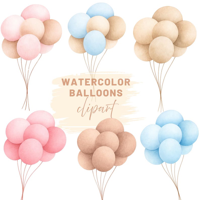 Watercolor Balloons PNG Clipart: Pink, Blue, Brown (digital Download ...