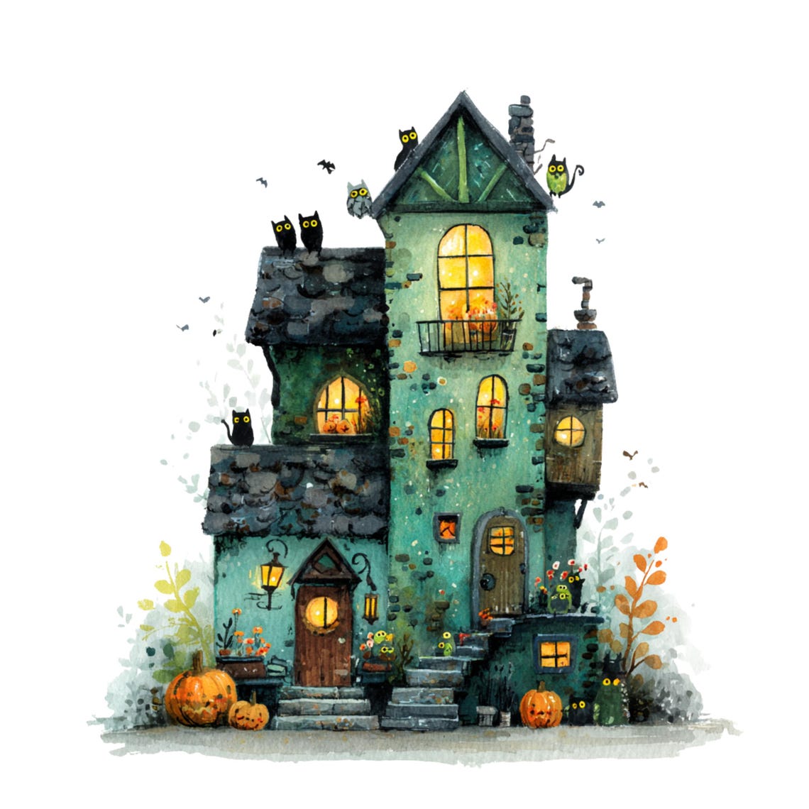 Watercolor Halloween Haunted Houses Clipart: Spooky PNG Illustrations ...