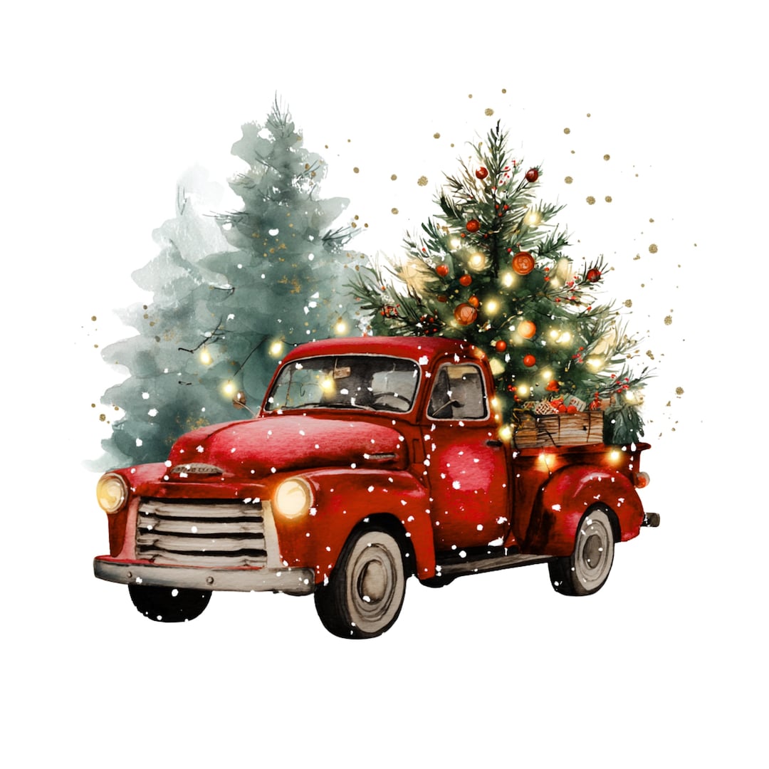 Watercolor Red Truck Christmas Clipart: Tree & Gifts (digital Download ...
