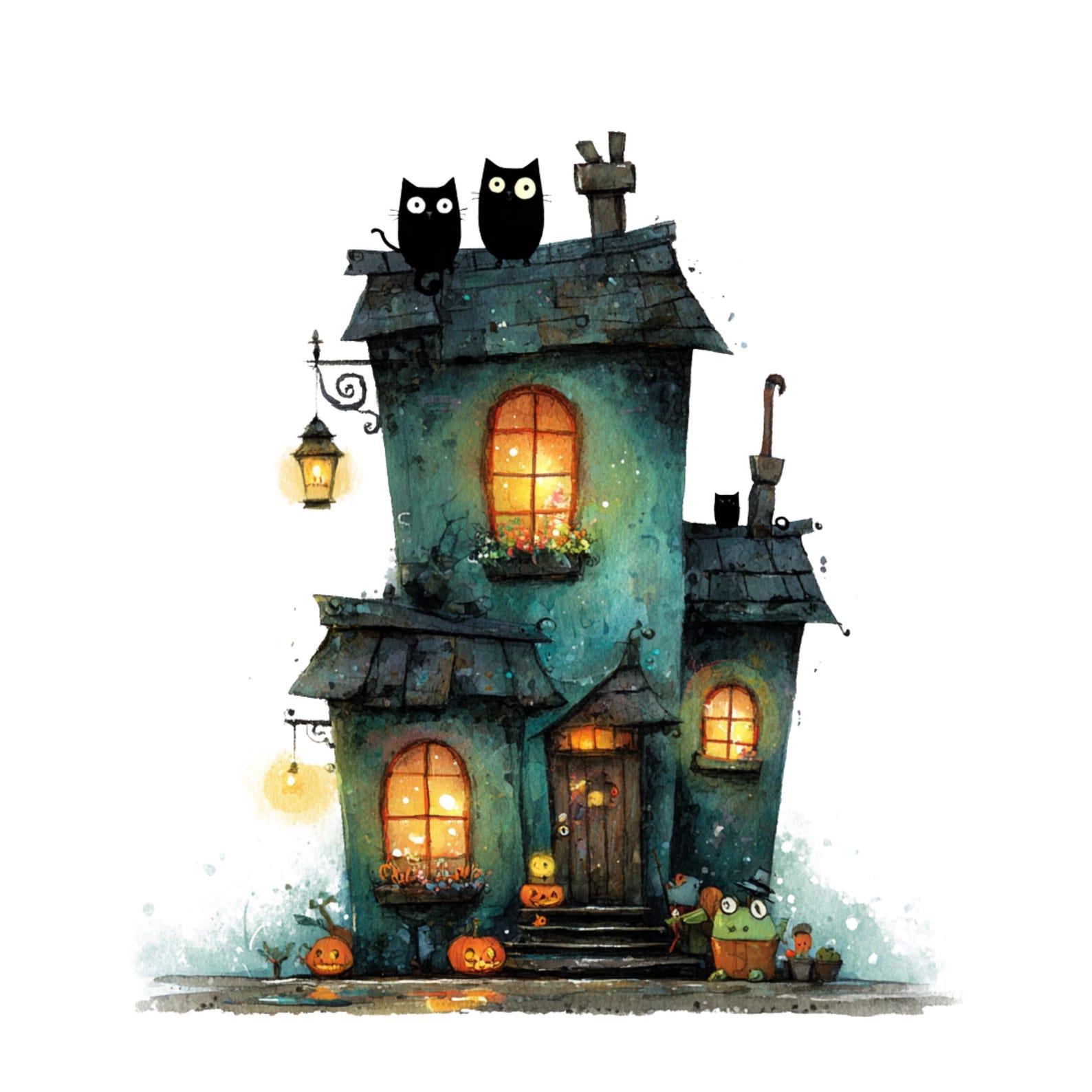 Watercolor Halloween Haunted Houses Clipart: Spooky PNG Illustrations ...