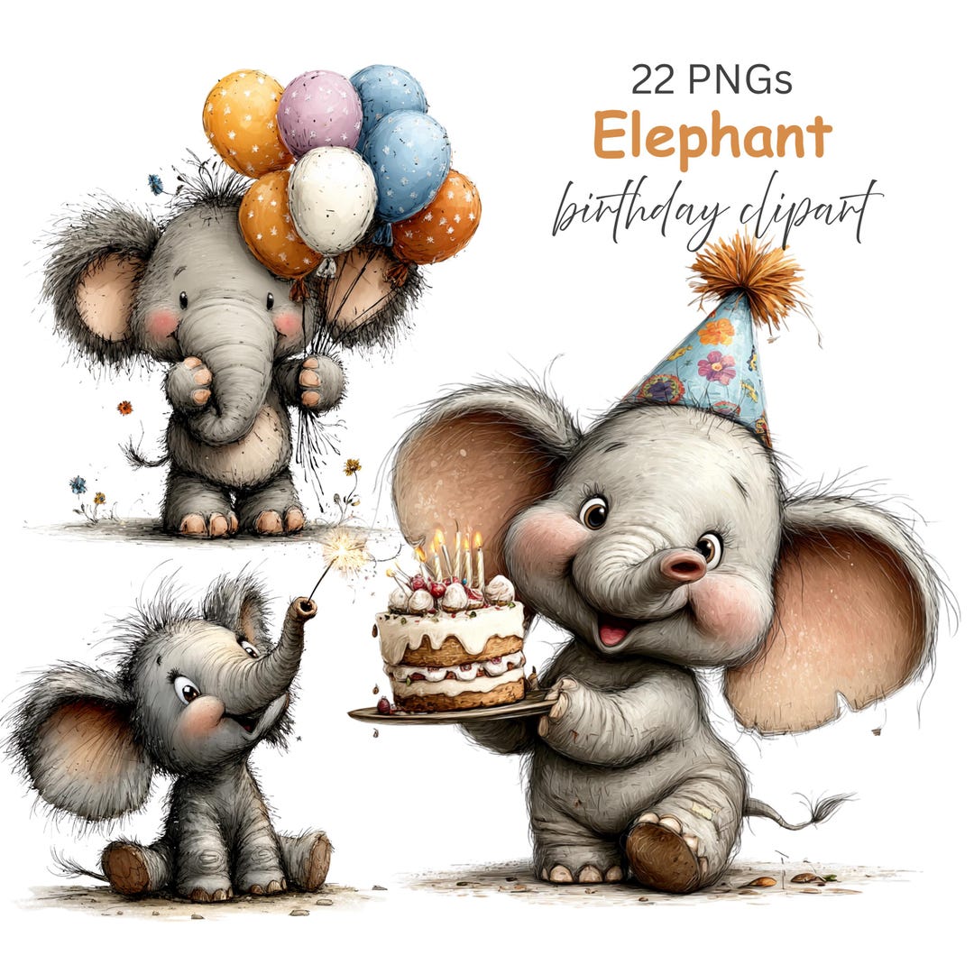 Elephant Birthday Party Animal Clipart: Cartoon Graphics (digital ...