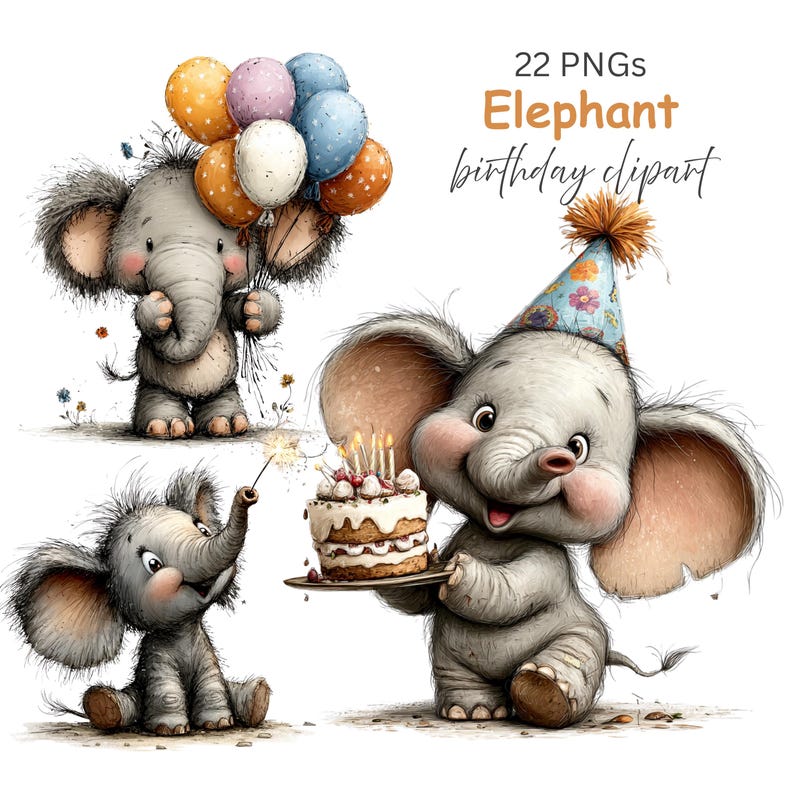 Elephant Birthday Party Animal Clipart: Cartoon Graphics (digital ...