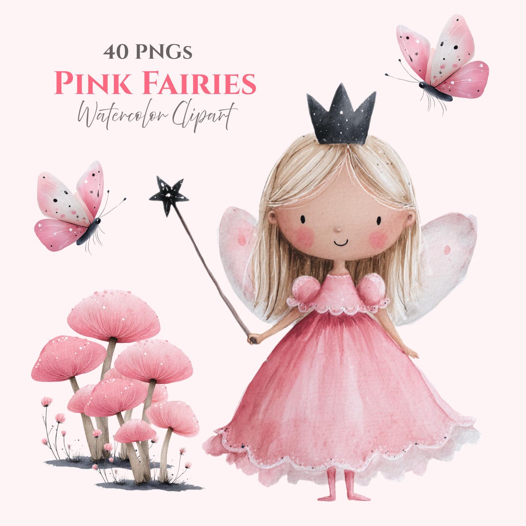 Pink Little Fairy Cartoon Clipart: Enchanted Fairy House PNG Bundle ...