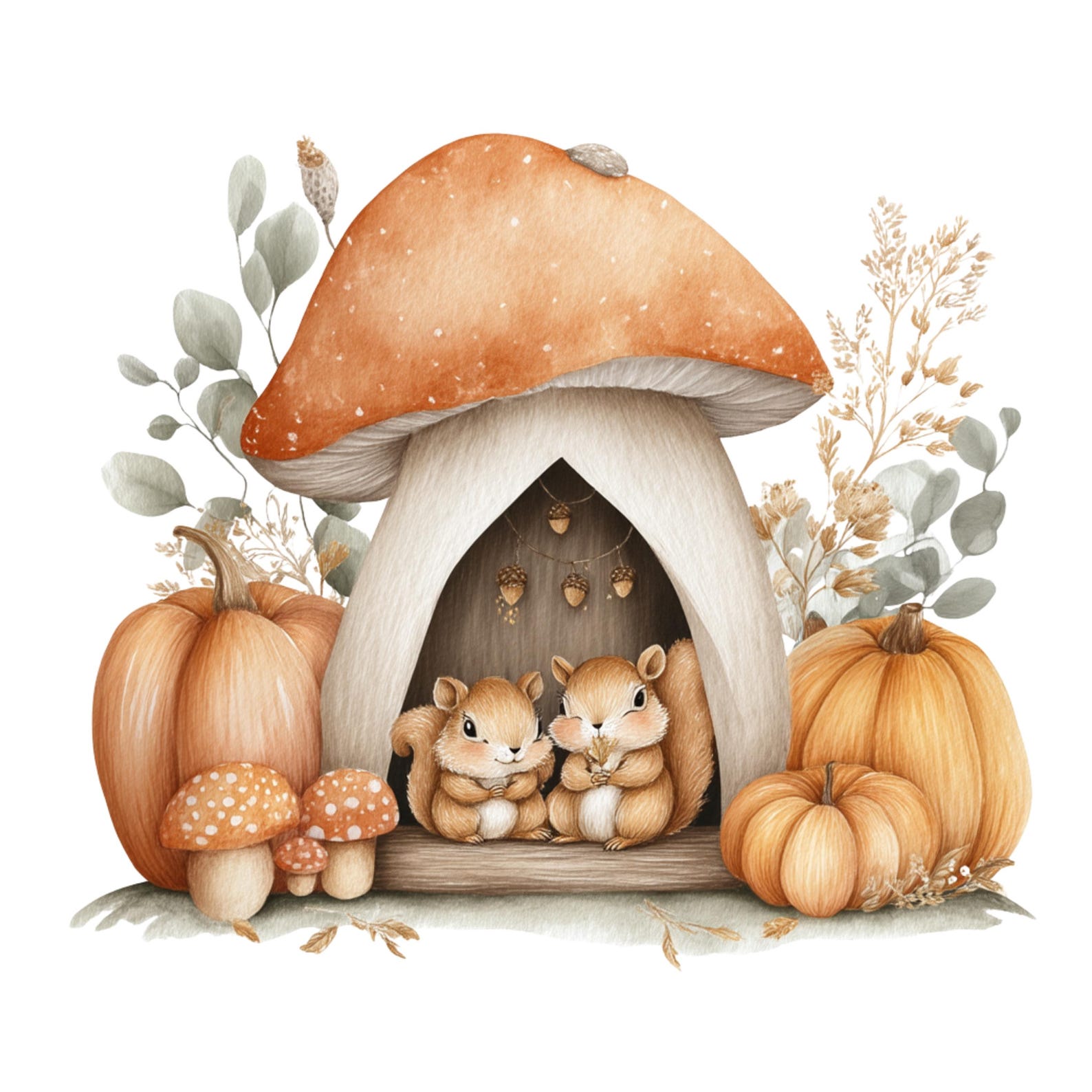 Watercolor Squirrel Fall Clipart: Autumn Pumpkin Graphics (digital ...