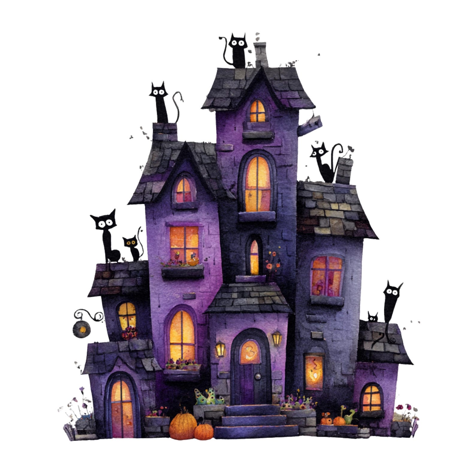 Watercolor Halloween Haunted Houses Clipart: Spooky PNG Illustrations ...