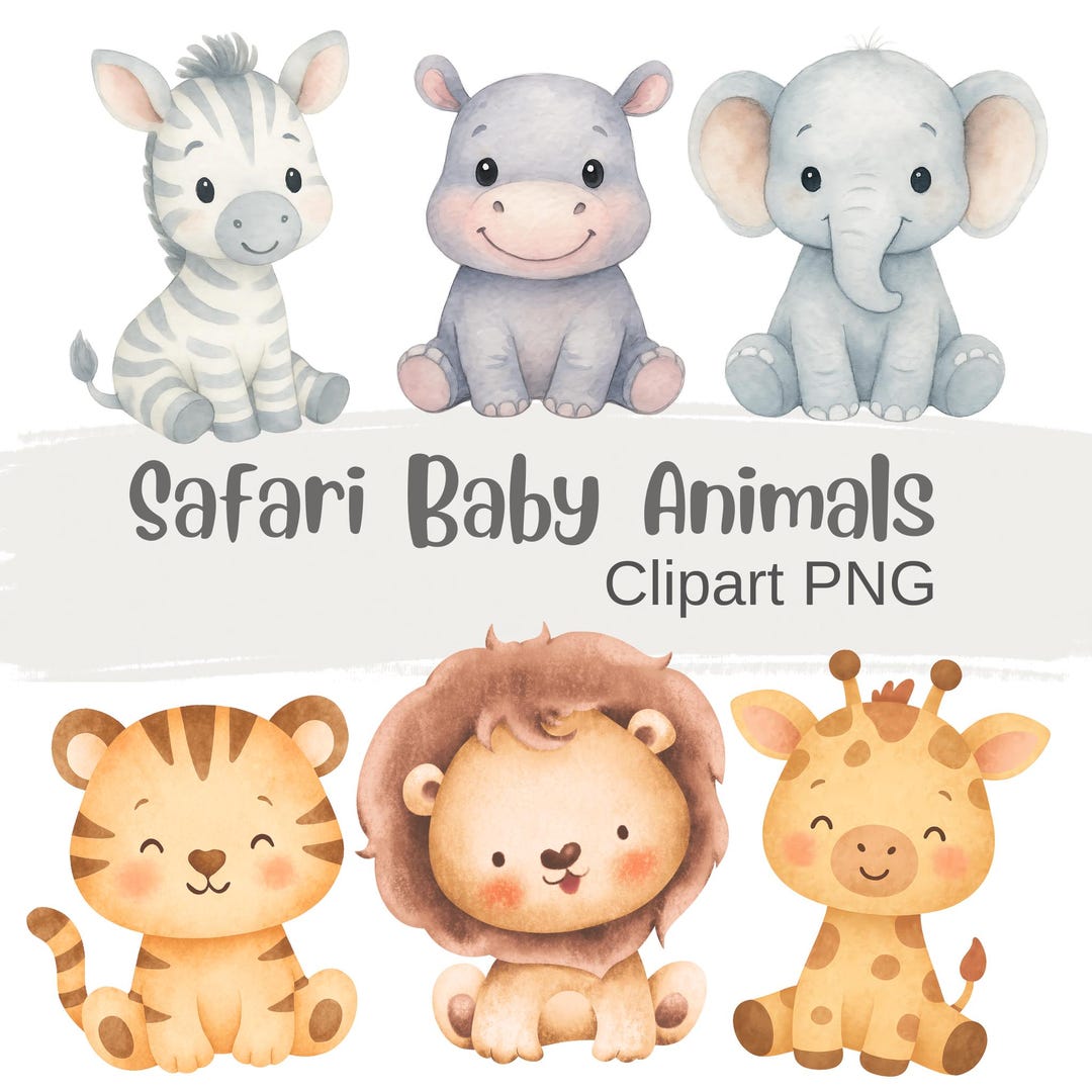 Watercolor Jungle Baby Animals Clipart: Safari Zoo PNG (digital ...