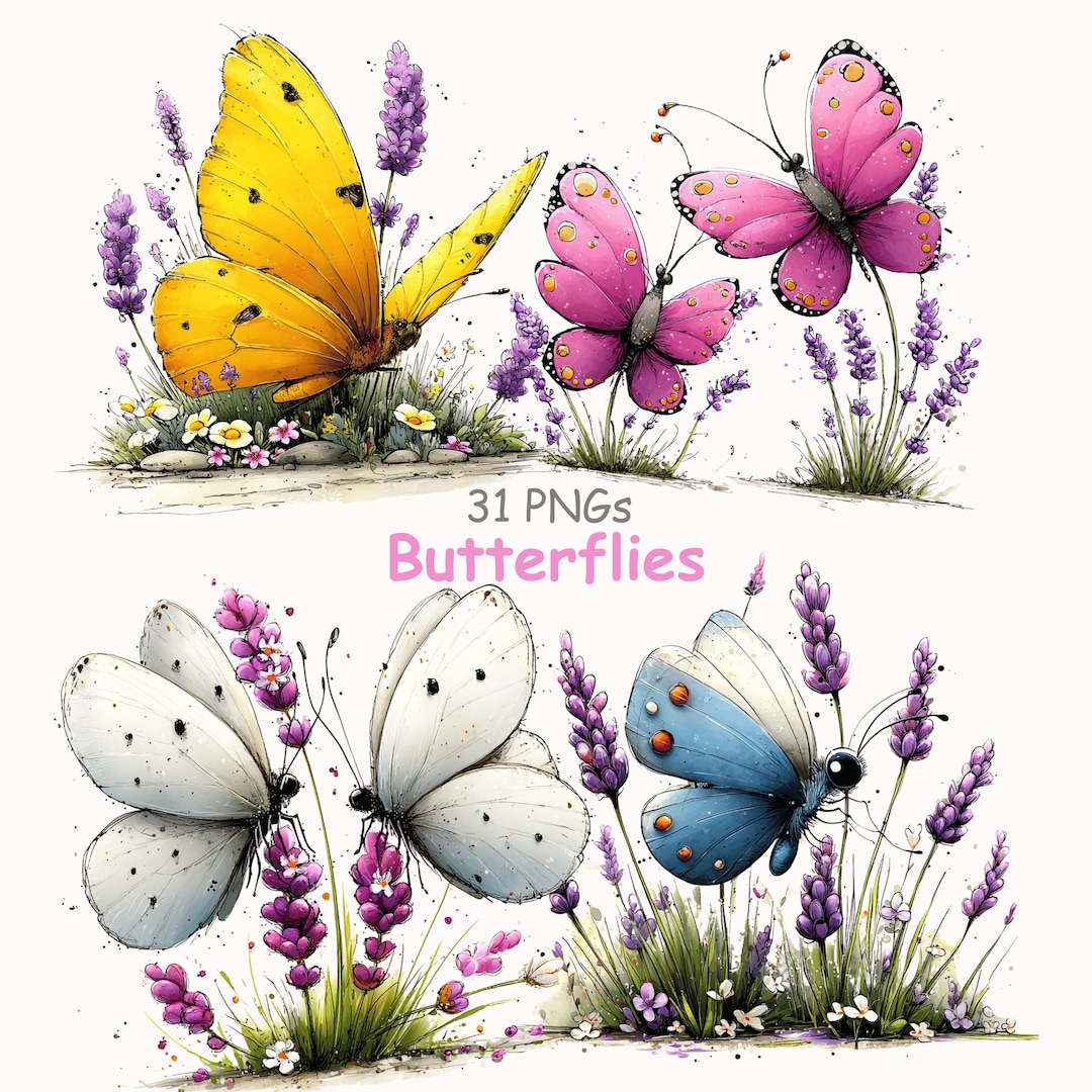 Watercolor Butterfly Lavender Clipart: Floral Botanical, Purple ...