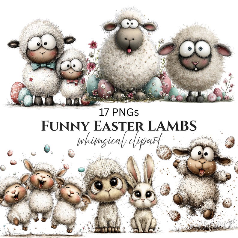 Funny Lambs Easter Clipart: Whimsical Graphics (digital Download - 17 ...